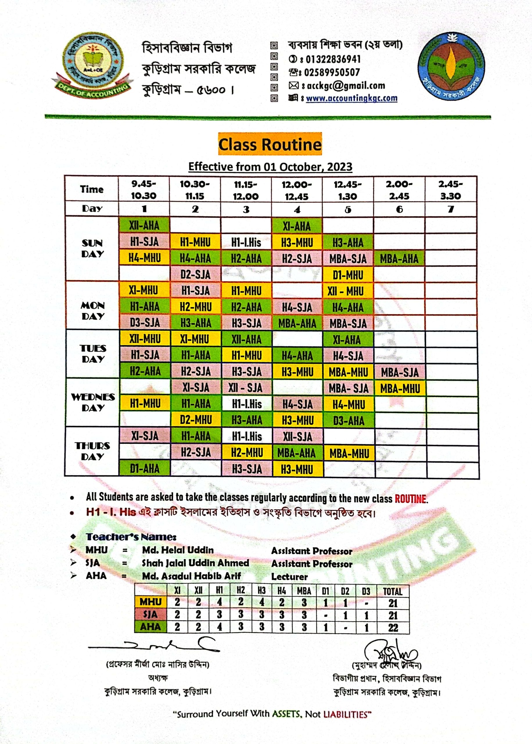 Class Routine for all Year.